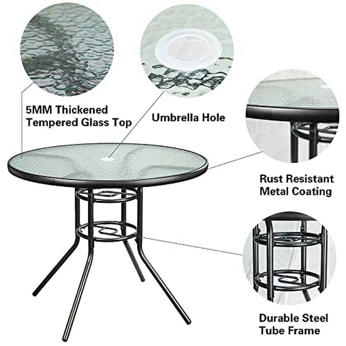 35.4"Outdoor Bistro Table Round Patio Dining Table Coffee Table Side Table with Umbrella Hole, Outdoor Indoor Banquet Furniture with Metal Frame and Glass Top for Garden Backyard Porch Lawn Deck,Black
