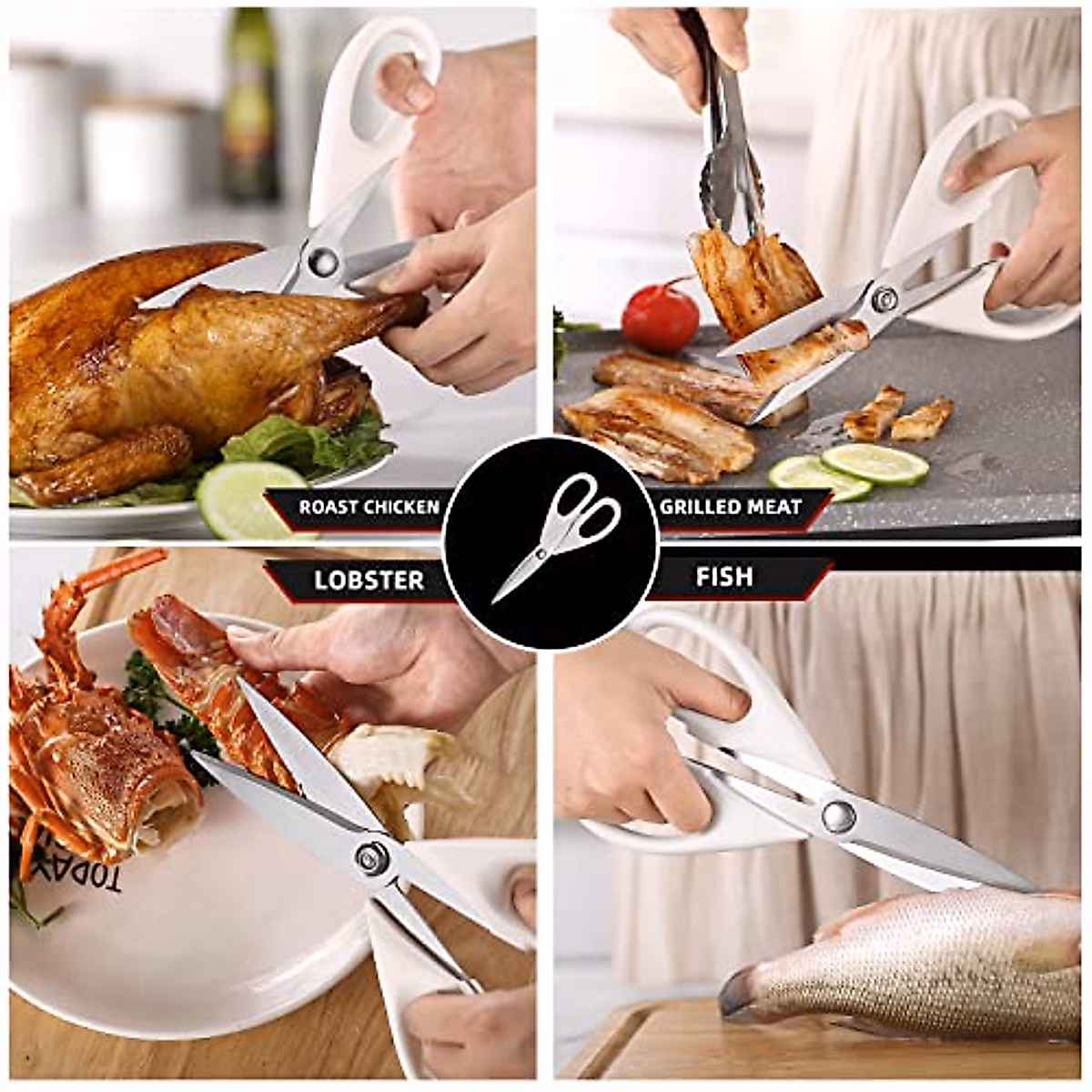 Food Scissors, SinYe White Kitchen Scissors with Protective Sheath, Long Blade Kitchen Shears for Chicken,All Purpose Scissors with Fine Serrations (white)