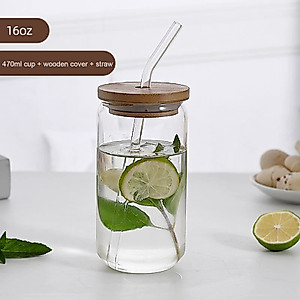Ochine Drinking Glasses with Bamboo Lids and Glass Straw, Beer Can Glass Cup Iced Coffee Drinking Jars Tumbler Cup Reusable Old Fashioned Glasses Cup for Cocktail, Whiskey, Smoothies, Tea, Juice, etc