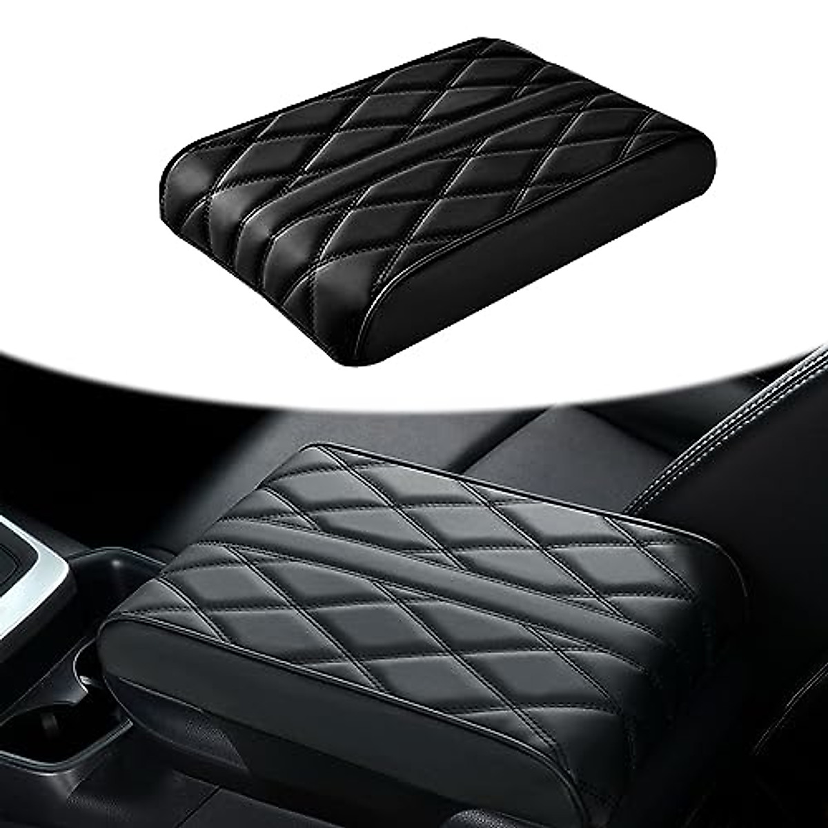 GKmow 1 PC Car Center Console Box Booster Pad, 12.99" x 8.26" x 1.96" Slow Rebound Memory Foam Leather Center Console Armrest Pad, Relieve Arm Fatigue, Suitable for Most Models (Black)