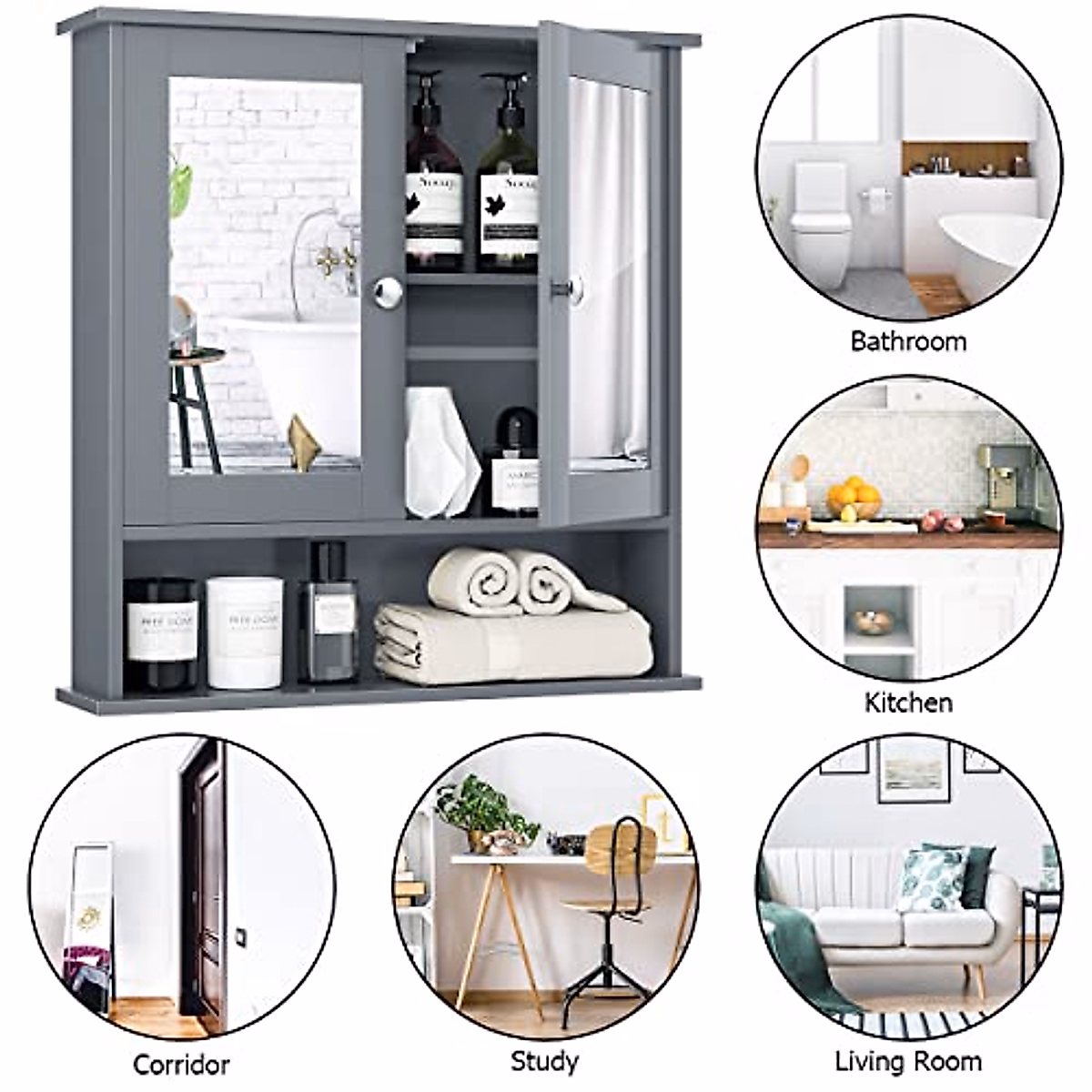Tangkula Bathroom Cabinet Wall Mounted with Double Mirror Doors, Wood Hanging Cabinet with Doors and Shelves, Bathroom Wall Mirror Cabinet (Gray)