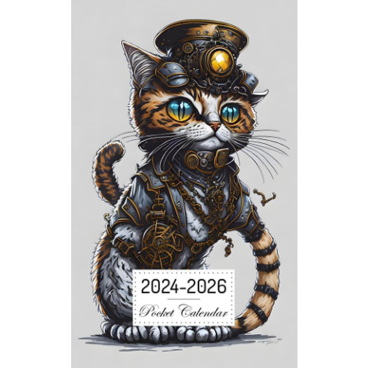 Pocket Calendar 2024-2026: Two-Year Monthly Planner for Purse , 36 Months from January 2024 to December 2026 | Steampunk Cat | Procreate art | Cartoon