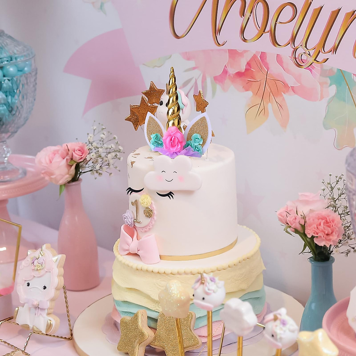 coonoe, Unicorn Cake Topper,Handmade Party Cake Decoration Supplies with Eyelashes and stack,Reuasble Gold Horn for Birthday Party,Baby Shower, Wedding