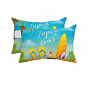Recliner Head Pillow Ledge Loungers Chair Pillows with Insert Summer Beach Surfboard Cartoon Palm Tree Lumbar Pillow with Adjustable Strap Outdoor Waterproof Patio Pillows for Beach Pool, 2 PCS
