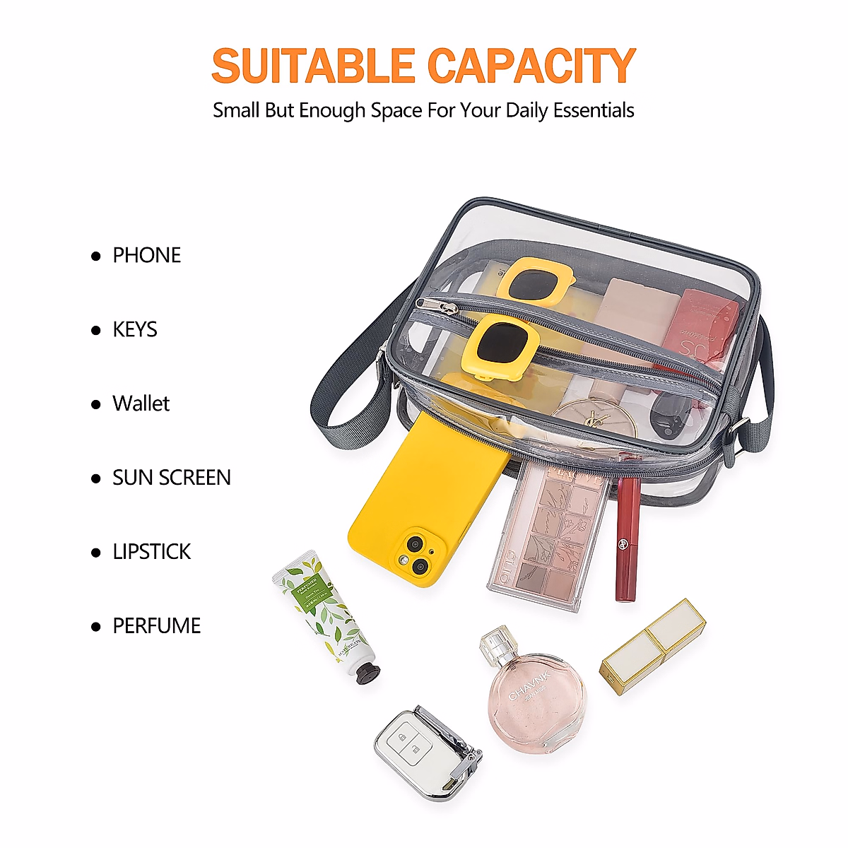 MAY TREE Clear Bag for Stadium Events Clear Messenger Bag Suitable for Concert and Sports Events, Grey-Large