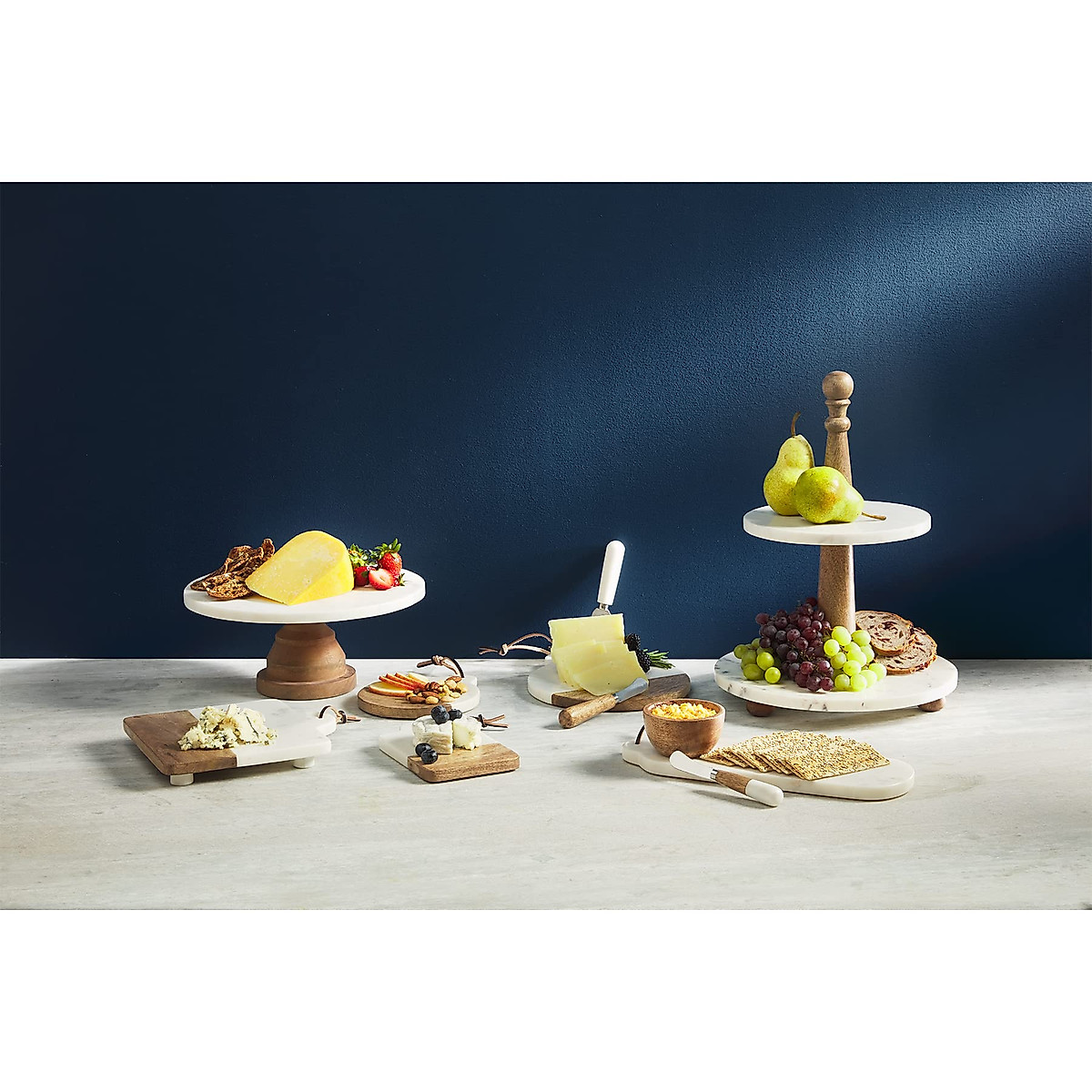 Mud Pie, Brown/White, 16" x 12" Marble and Wood Tiered Server