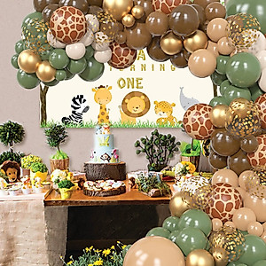 170Pcs Jungle Safari Balloons Garland Kit, Safari Baby Shower Decorations Sage Green Brown & Animal Print Balloons Palm Leaves for Woodland Themed Giraffe Wedding Two Wild One Birthday Party Supplies