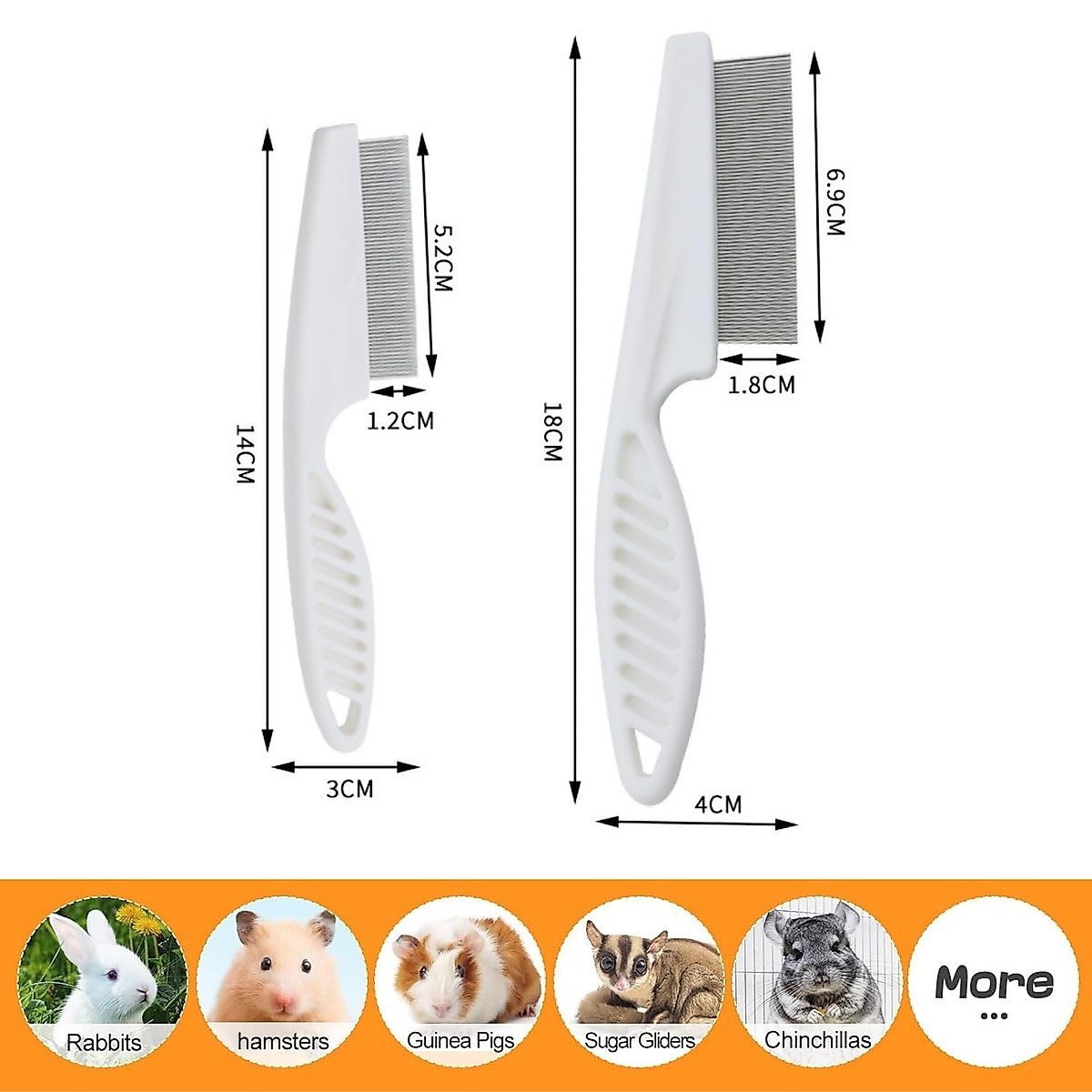 Stainless Steel Rounded Teeth Grooming Comb for Small Pets - Massage and Cleaning Tool for Chinchillas, Ferrets, Guinea Pigs, Rabbits (2 Pack, White)