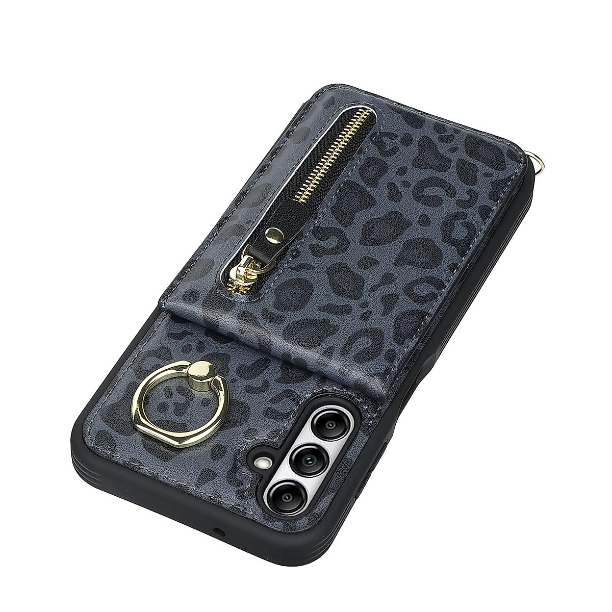 DEYHU for Samsung Galaxy A14 5G Case with Card Holder and Strap for Women,Crossbody Lanyard,Ring Stand,Snap Clasp,Phone Wallet Case - Black Leopard