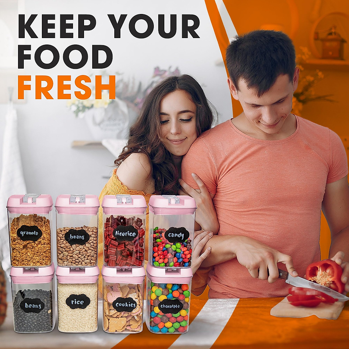 Cheer Collection Airtight Food Storage Containers, Kitchen Storage Containers for Pantry, Set of 8 Food Containers with Lids Airtight, Pantry Storage Containers & Organizers with Lids, Pink