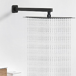 HarJue Shower Arm, Rain Shower Head Extension Extender, With Flange and Teflon Tape, Made of Thicken Stainless Steel for Bathroom Rainfall Showerhead (16 Inch, Matte Black)