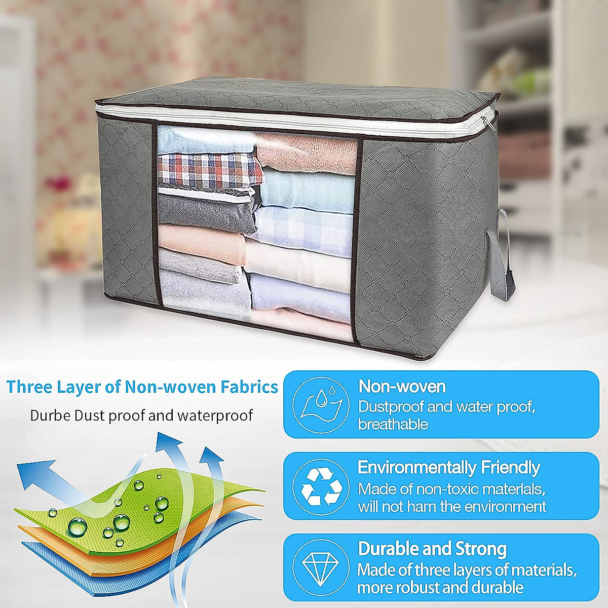 Txtsegose Large Capacity Clothes Storage Bag,Capacity Storage Bins with Clear Window, Closet Organizer with Reinforced Handle, Storage Containers Foldable with Sturdy Zipper, 3 Pack, (Gray).