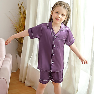 Weixinbuy Pajama Set for Kid Baby Boy Girl Button-up Silk Pajama Sleepwear Nightwear Loungewear Clothes Set Gifts for Kids