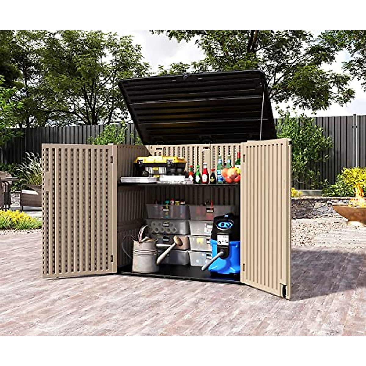 HOMSPARK Horizontal Storage Shed Weather Resistance, Multi-Purpose Outdoor Storage Box for Backyards and Patios, 38 Cubic Feet Capacity for Bike, Lawnmower, Trash Cans, Patio Accessories(Brown)