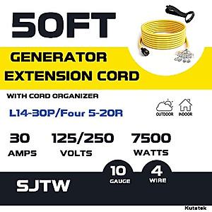 Kutatek 50Ft Heavy Duty Generator Extension Cord,NEMA L14-30P to Four 5-20R, 4 Prong, 30 Amp 125/250V 7500 Watts, 10 Gauge SJTW Flexible Cable, Twist Lock
