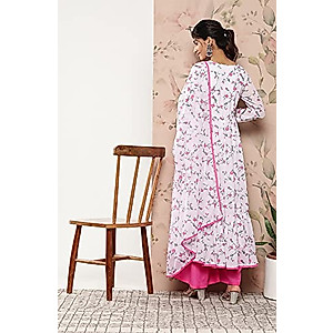 Janasya Indian Women's White Georgette Floral Printed Kurta with Flared Palazzo and Dupatta(J0451-KR-PP-ICH-XXL)