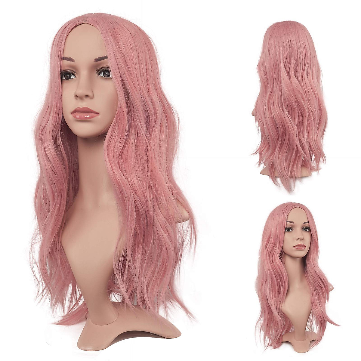 FESHFEN Long Pink Wigs for Women 22 inch Curly Wavy Full Wig Middle Parting Wigs Natural Looking Synthetic Wig Extensions for Daily Cosplay