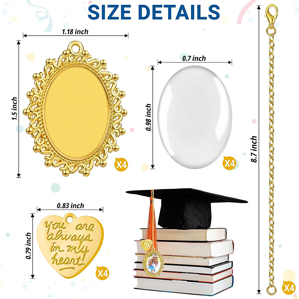 4pcs Gold Graduation Cap Photo Charm Class of 2025 Graduation Cap Tassel Personalized Memorial Charms Graduation Tassel Gifts for Ceremony Graduation Cap Decorations
