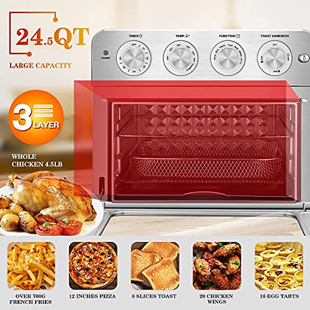 Geek Chef Air Fryer, 6 Slice 24QT Air Fryer Toaster Oven Combo, Air Fryer Oven, , Roast, Bake, Broil, Reheat, Fry Oil-Free, Extra Large Convection Countertop Oven, Accessories Included, Stainless Steel, ETL Listed, 1700W