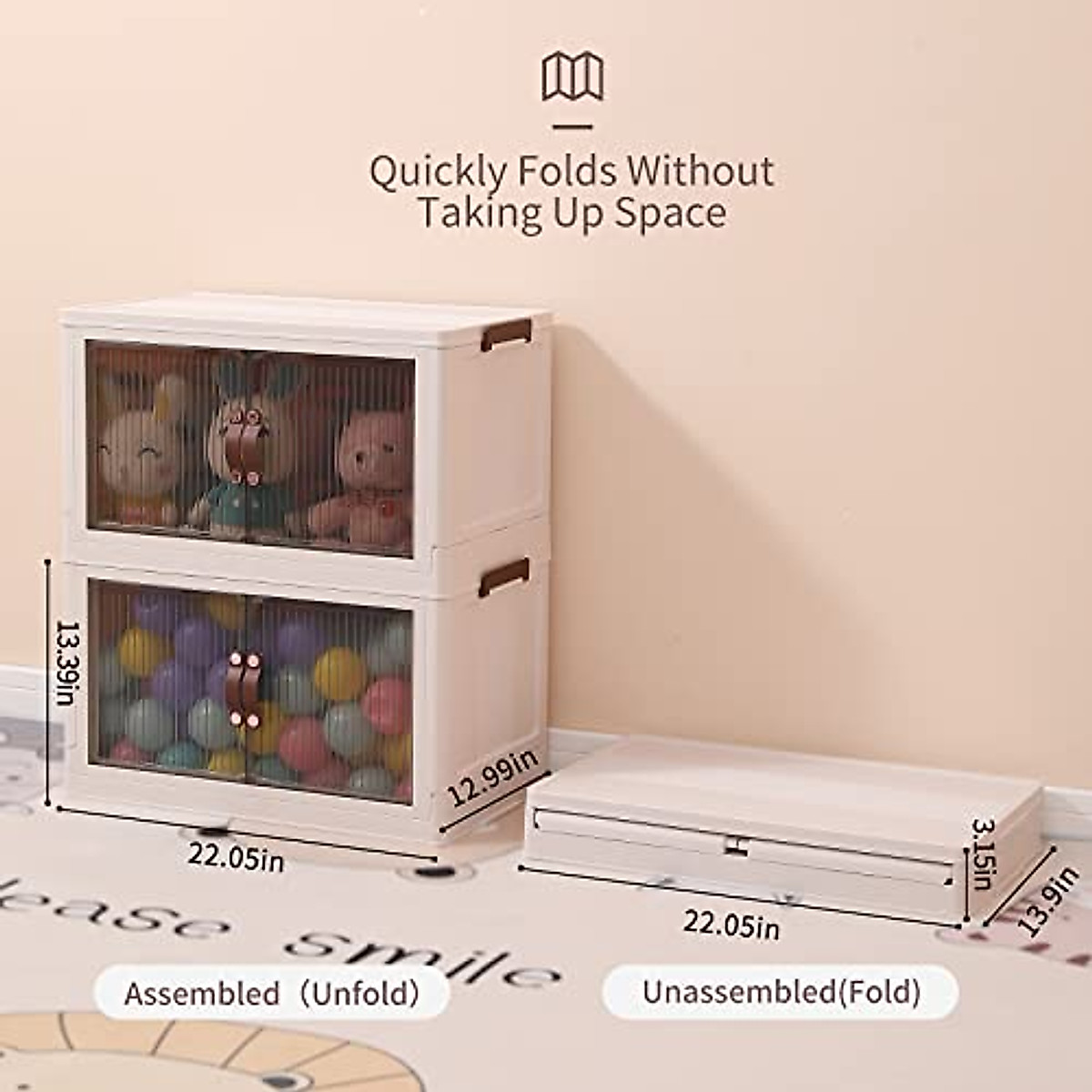 Collapsible Storage Bins with Lids Magnetic Door 55 Qt Clear Stackable Storage Bins with Wheels Plastic Storage Bins with Front Opening Folding Storage Bins for Bedroom Living Room Office(1 Pack)