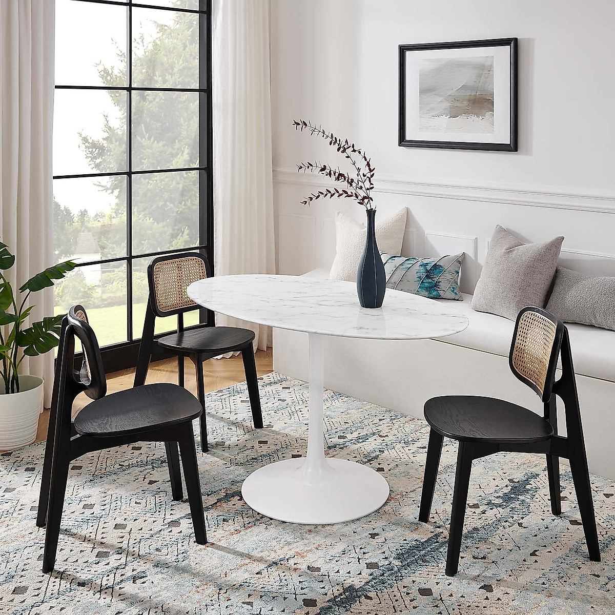 Modway Lippa 54" Oval-Shaped Mid-Century Modern Dining Table with Artificial Marble Top and White Base