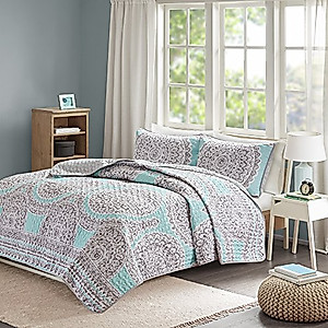 Comfort Spaces Reversible Quilt Set - Vermicelli Stitching Bohemian Design, All Season, Lightweight, Coverlet Bedspread Bedding, Shams, Twin/Twin XL(66"x90") Adele Aqua Medallion 2 Piece