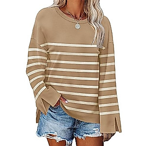 Disamer Women's 2025 Casual Oversized Sweaters Fall Clothes Trendy Long Sleeve Crew Neck Pullover Tunic Tops,Stripe Khaki,Large