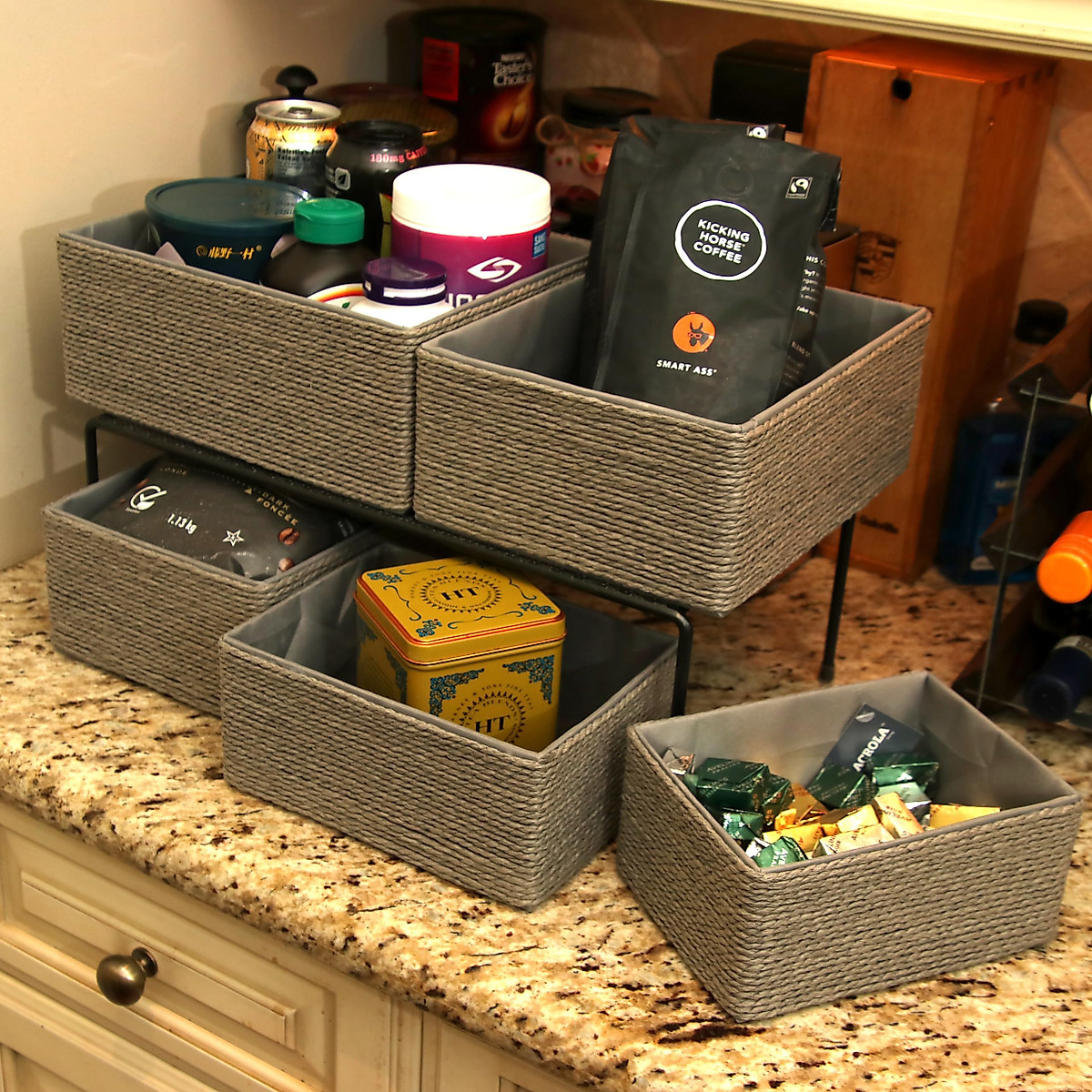 Acrola Premium 5-Pack Woven Paper Rope Storage Baskets, Multi-Size, Stackable, Versatile Organziers, Decorative Bins with Durable Fabric Liner for Home, Office, Nursery, and Bathroom, ST05002 (Grey)