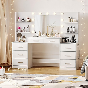 Irontar Makeup Vanity Table with Mirror & Lights, Vanity Desk with Power Strip, Large Drawer & Six Open Storage Dresser, 3 Lighting Modes Adjustable Brightness, Dressing Table, White WDT006W