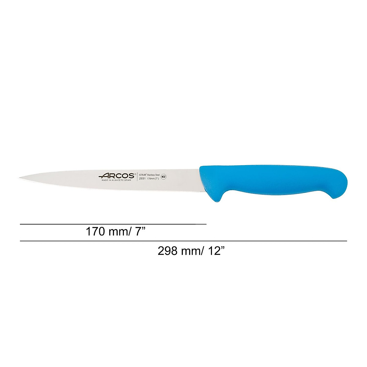 ARCOS Sole Knife/Fish Knife Nitrum Stainless Steel and 170 mm blade. Designed for handling and preparing fish. Ergonomic Polypropylene Handle. Series 2900. Color Blue.