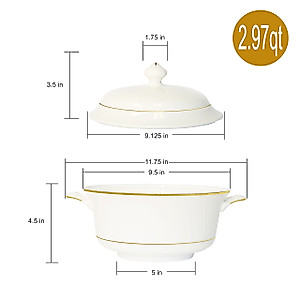 Bone China Soup Tureen with lid, 2.97QT, Gold Rim, Big Soup Bowl, 2pc set, Serveware, Big Serving Bowl, Elegant Ceramic/Porcelain, White, Translucent, Modern, Simple and resistant, Greeting dinnerware