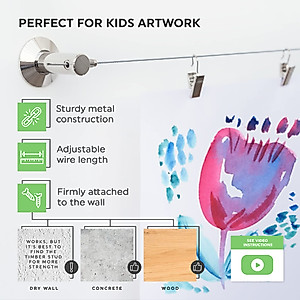 Art Display for Kids Artwork - 10ft Alloy Steel Wire with 48 Clips | Willow & Eva