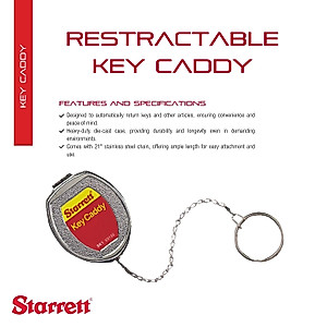 Starrett Key Caddy with 21" Stainless Steel Chain, Heavy-Duty Die-Cast Zinc Case, Large Key Ring, Retractable Design - SK1