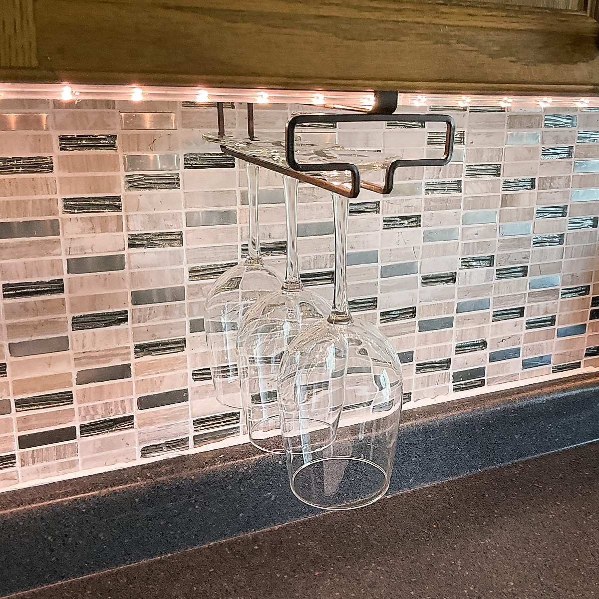 KOMONG Bronze Wine Glass Holder under Shelf, Hanging Wine Glass Rack under Cabinet, No Screw Stemware Rack Hanger, No drilling Wine Glass Storage Organizer, Set of 2