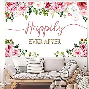P.G Collin Happily Ever After Floral Banner Backdrop Sign Wedding Bridal Shower Engagement Bachelorette Party Decorations Supplies for Women 6 x 4ft Pink Pink Happily