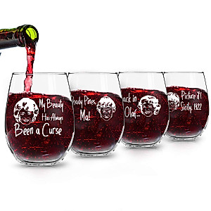 DU VINO Golden Girls Inspired Stemless Wine Glass Set of 4 (15 oz)- USA MADE-Funny Novelty Glasses for Party, Event, Girls Night-Gift For Mom, Women Best Friend- Fun Drinking for Bachelorette Parties