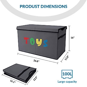 YOLOXO Toy Box Chest, Collapsible Sturdy Storage Bins with Lids, Extra Large Kids Toy Storage Organizer Boxes Bins Baskets for Kids, Boys, Girls, Nursery Room, Playroom, Closet (A-TBX-GRAY-MULTI)
