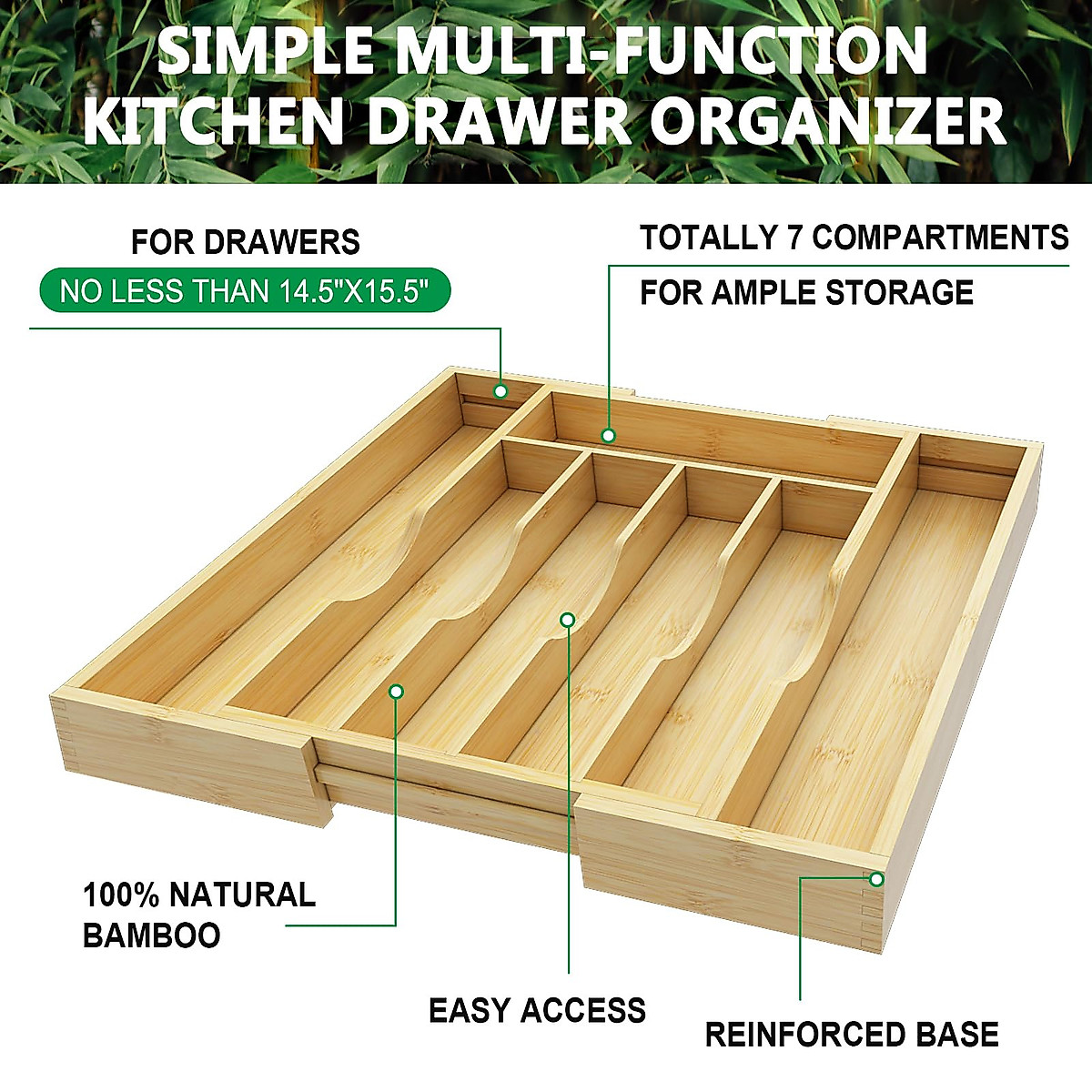 BAMBUROBA Drawer Dividers Silverware Tray Expandable Utensil Cutlery Tray Bamboo Wooden Adjustable 4 Compartments Flatware Organizer Kitchen Storage Holder for Knives Forks Spoons