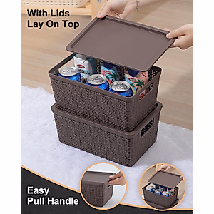 EOENVIVS Plastic Storage Baskets with Lids Kitchen Organizers and Storage Containers Organizer Bins Small Baskets for Shelves Drawers Desktop Closet Playroom Classroom Office, Brown, 6 Pack