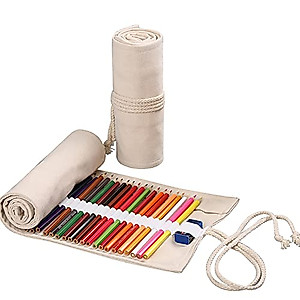 UUYYEO Large Capacity Pen Curtain Canvas Roll Up Pencil Case 36 Slots Pencil Bag Pencils Case Wrap Roll Holder for Coloring Pencil Natural Color