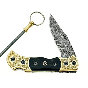 Damascus Steel Blade Folding Pocket Hunting Lock Knife With Real Leather Sheath For Camping Fishing Outdoor. SM106