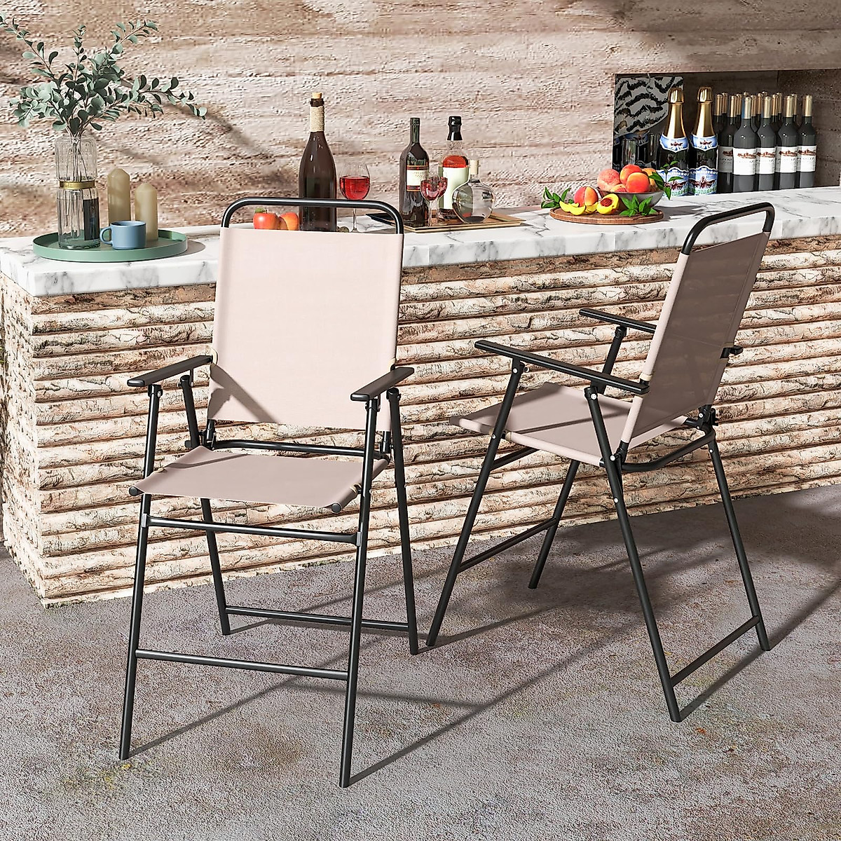 Tangkula Outdoor Folding Bar Stool Set of 4, Patio Dining Chairs w/Breathable Fabric & Metal Frame, Outdoor Bar-Height Stools w/Armrests, Portable Bar Chairs for Backyard Poolside Balcony