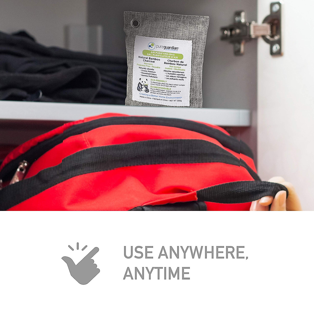 PureGuardian CB200 Bamboo Charcoal Air Purifying Bag, Eco-Friendly, Naturally Absorbs Odors, Excess Moisture and Pollutants, 200g, 4-Pack, Gray