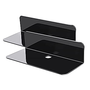 Acrylic Floating Wall Shelves 2 pcs, Damage-Free Expand Wall Space, Small Display Shelf for Smart Speaker/Action Figures with Cable Clips, Bluetooth Speaker, Webcam, Phone Stand (Black)