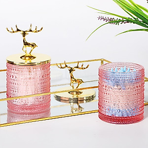 Tonxus 2-Pack Glass Qtip Holder Dispenser Set,Apothecary Jars with Gold Metal Lid,Cute Bathroom Qtips Jars,Cotton Ball Organizer for Cotton Swab,Round Pads,Floss Picks,Bath Salt,Makeup (Pink A)