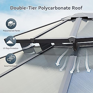 Joyside 10x13 ft Outdoor Hardtop Gazebo with Double-Tier Polycarbonate Roof, Aluminum Frame Gazebo with Netting and Curtain Included, Suitable for Lawn Backyard Patio