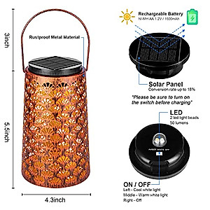 Hanging Solar Lanterns Outdoor Waterproof - 2 Pack Metal LED Decorative Lights with 2 Modes Warm Cool White for Landscape, Courtyard, Camping, Garden, Tabletop, Backyard