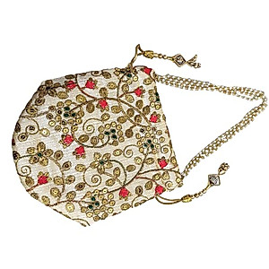 CRAFT BAZAAR Women Indian Potli Bag, Drawstring Bucket Bag With Pearls Wristlet For Weddings, Parties, Brides