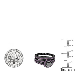 Dazzlingrock Collection Black Rhodium Plated 10K Round Amethyst & Black Diamond Halo Wedding Ring Set in 10K White Gold, Size 7