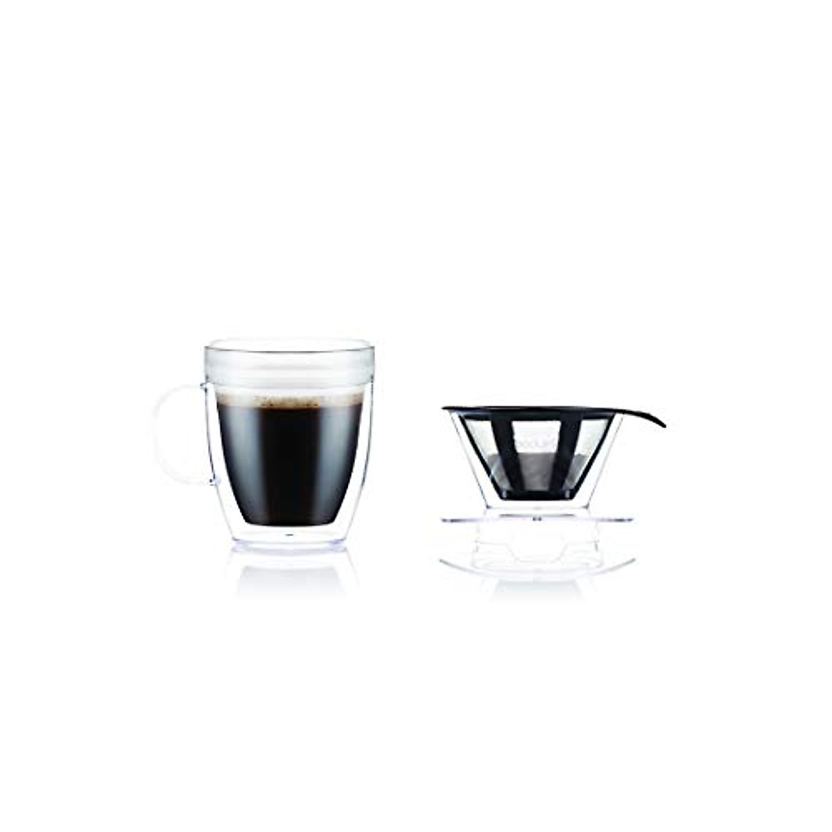 Bodum Pour Over Coffee Dripper Set With Double Wall Mug and Permanent Filter, 12 Ounce, Clear